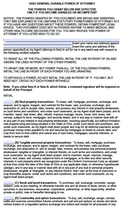 Free Durable Power of Attorney Ohio Form – Adobe PDF Free Durable Power of Attorney Ohio Form – Adobe PDF