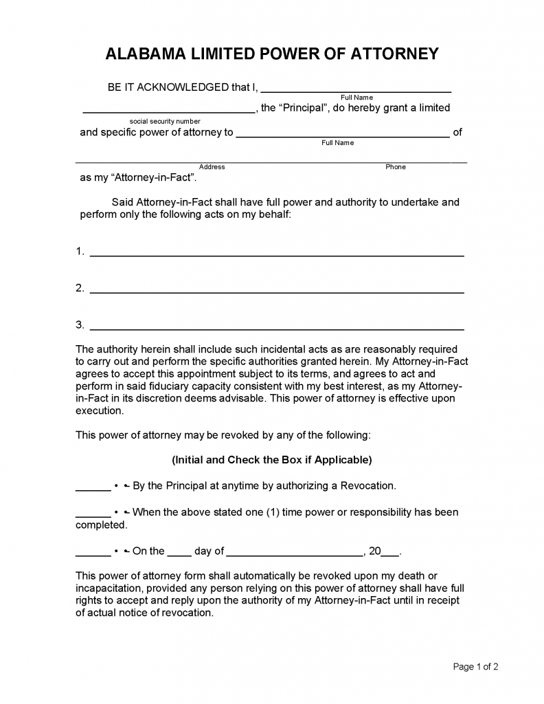Free Limited Power Of Attorney Form Alabama