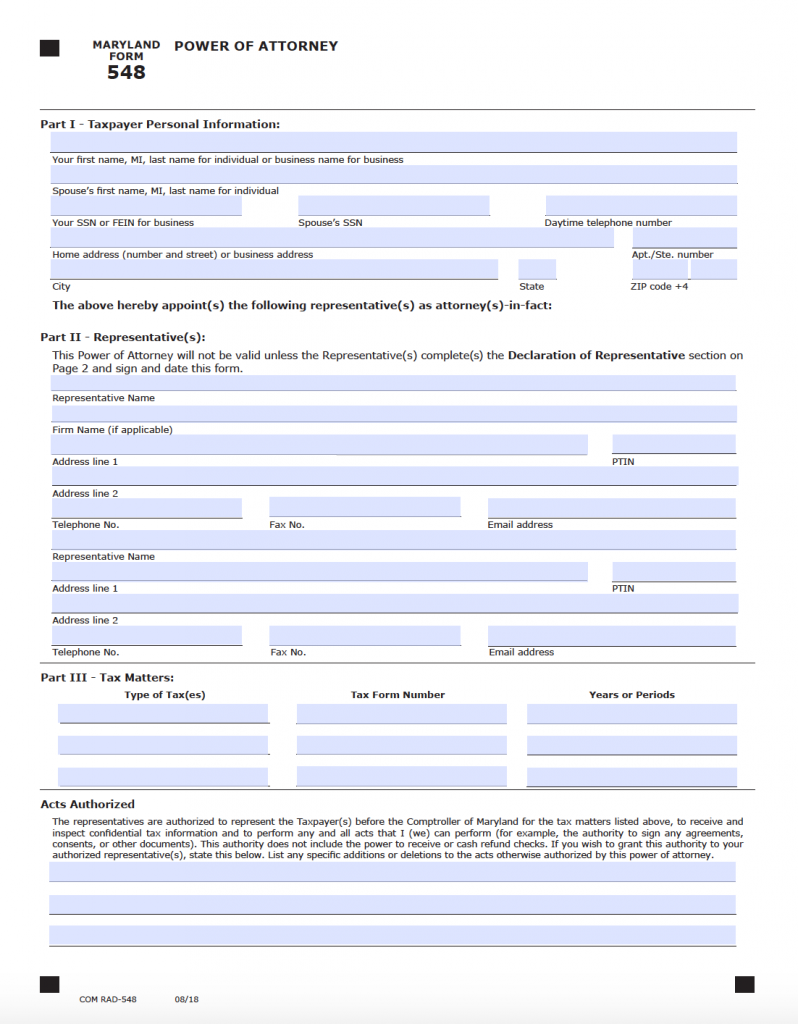Free Tax Power of Attorney Form 548 | Maryland