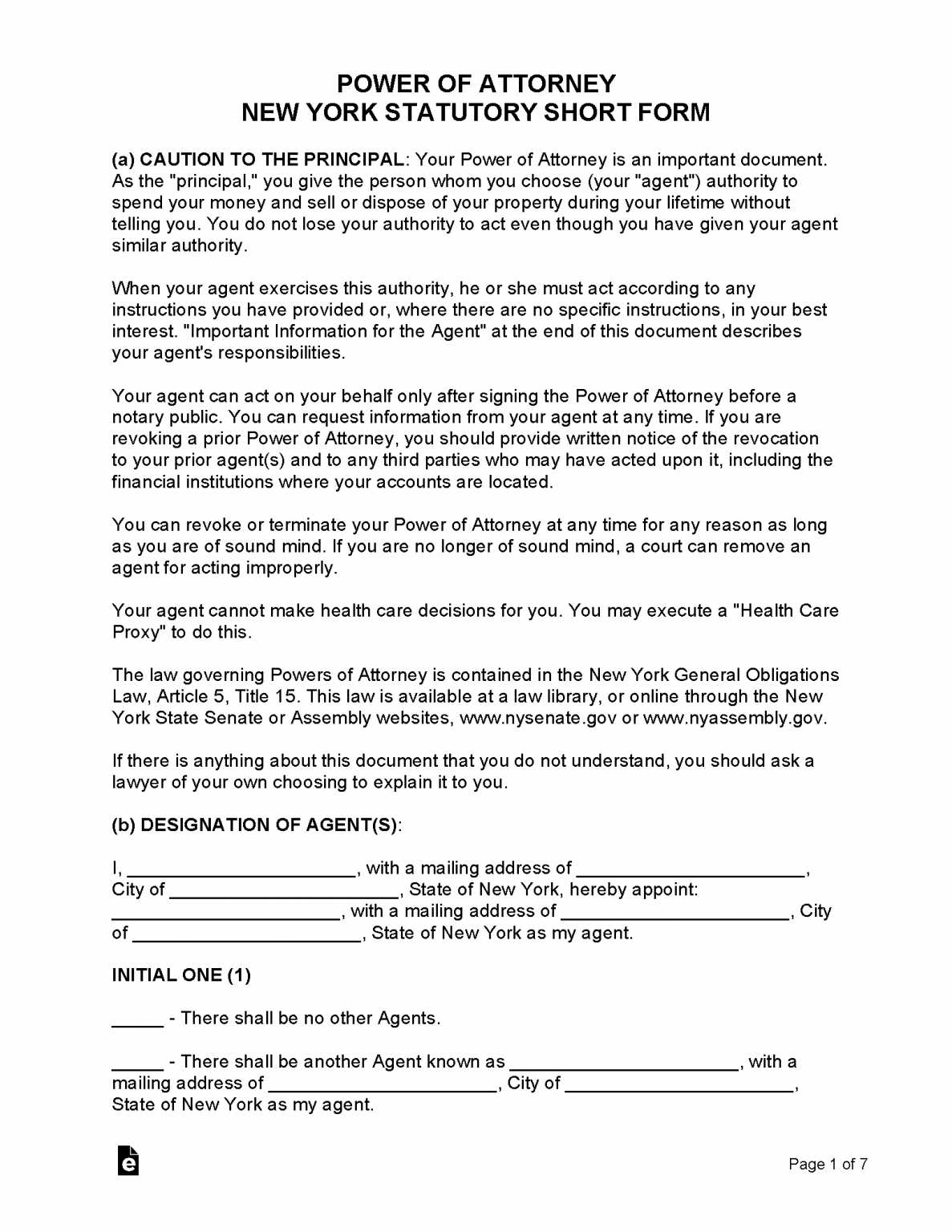 Free New York Power Of Attorney Forms | PDF Templates