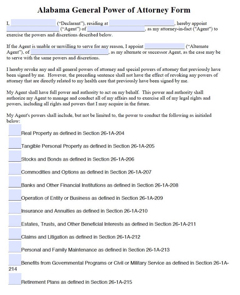 Free Alabama Power Of Attorney Forms | PDF Templates