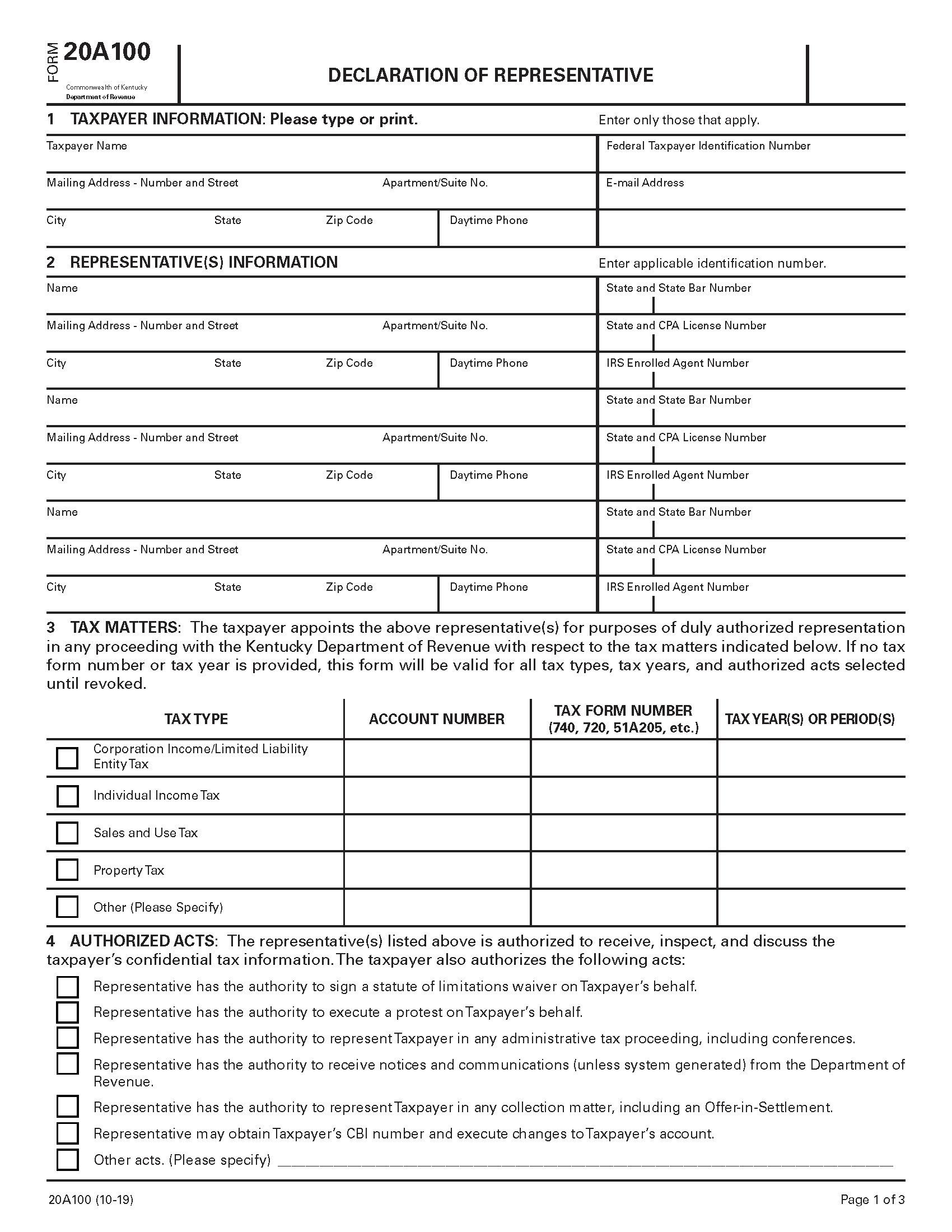 Free Tax Power of Attorney Form | Kentucky