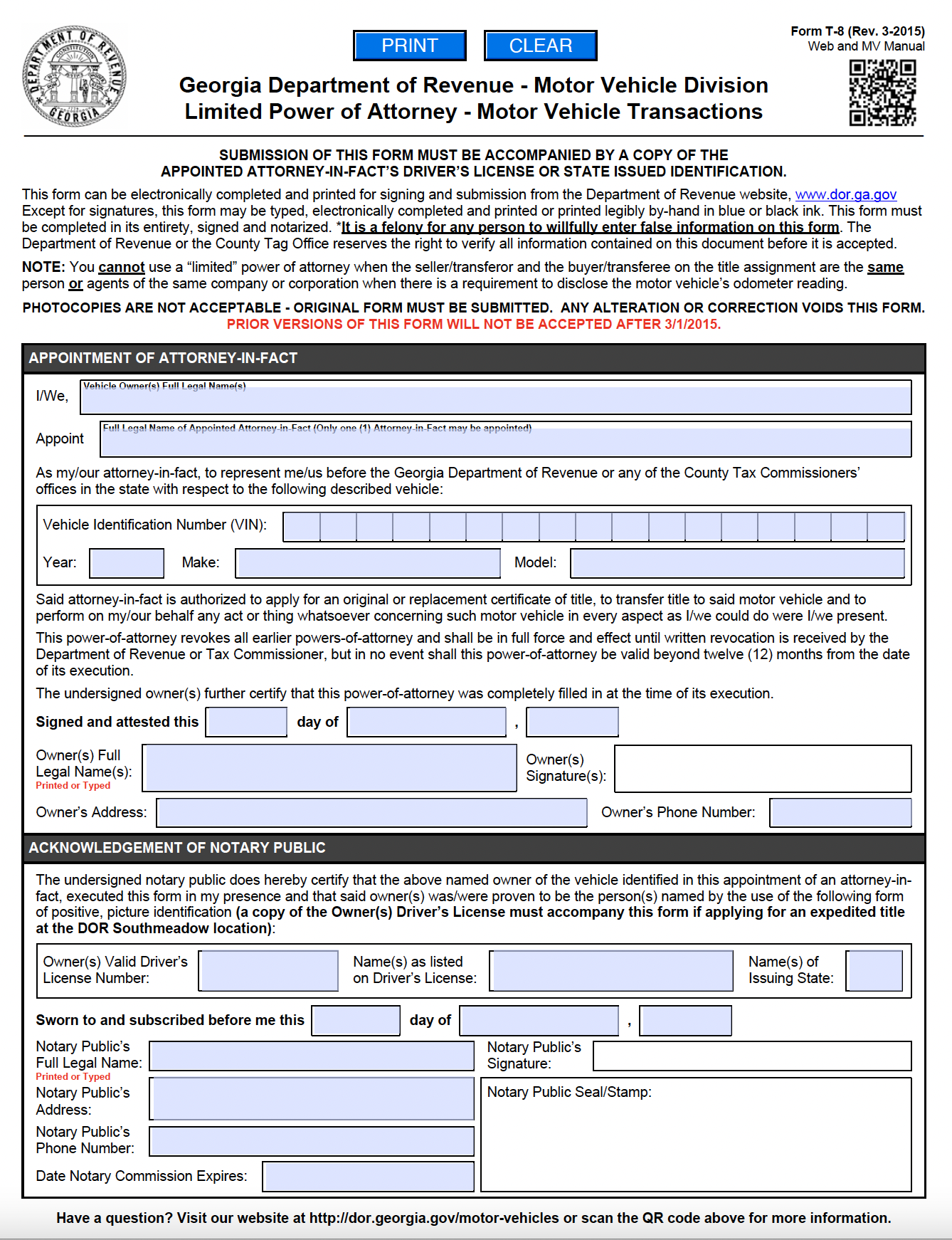 Free Vehicle Power Of Attorney Form T 8 Georgia