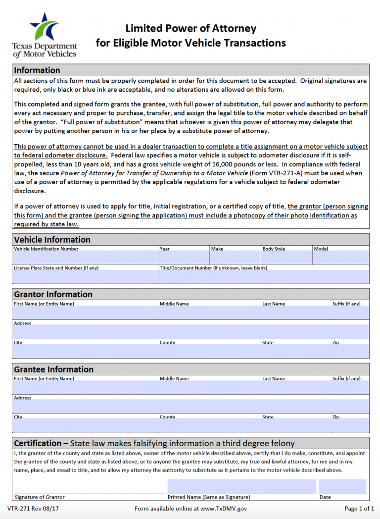 Free Motor Vehicle Power of Attorney Form | Texas