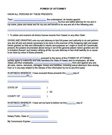 Free Motor Vehicle Power of Attorney Form | Hawaii Free Motor Vehicle Power of Attorney Form | Hawaii