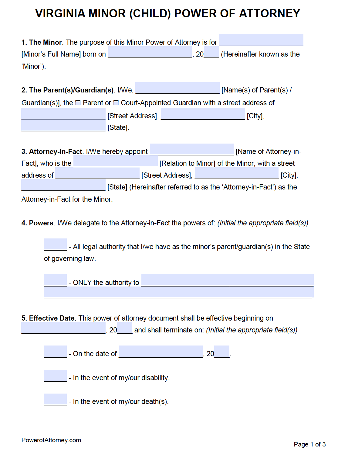 Free Minor (Child) Power of Attorney Form | Virginia Free Minor (Child) Power of Attorney Form | Virginia